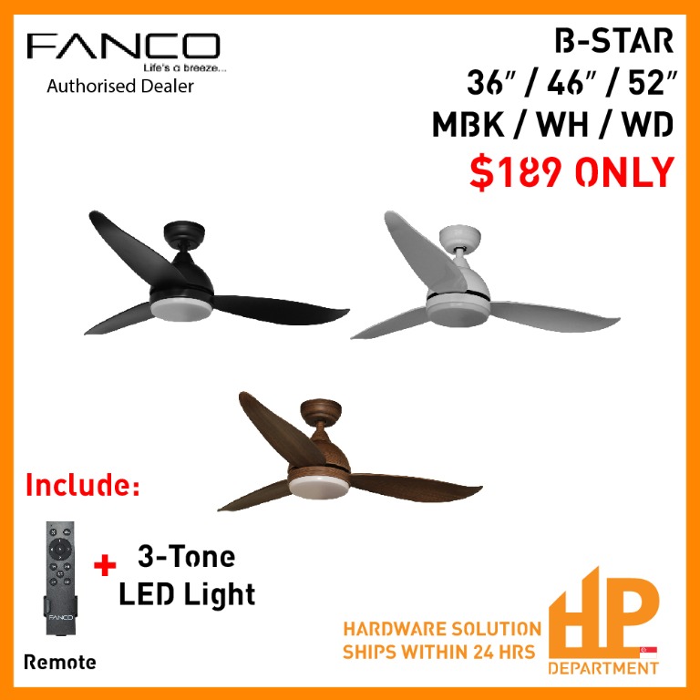 Fanco B Star Ceiling Fan with 3-Tone LED light + Remote Control ...