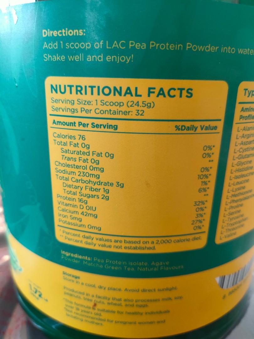 LAC Pea Protein Powder matcha flavour, Health & Nutrition, Health ...
