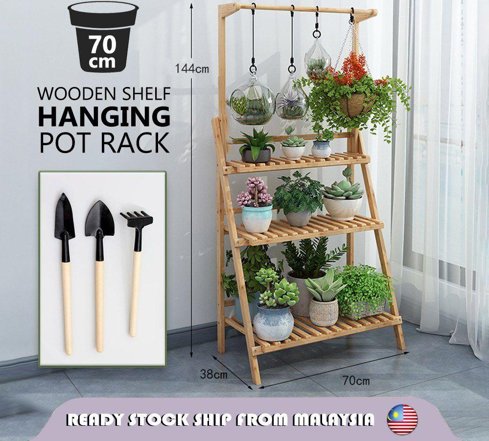 💐Pot Rack Flower Solid Wooden Shelf with Hanging Pot Rack Multilayer💐 ...