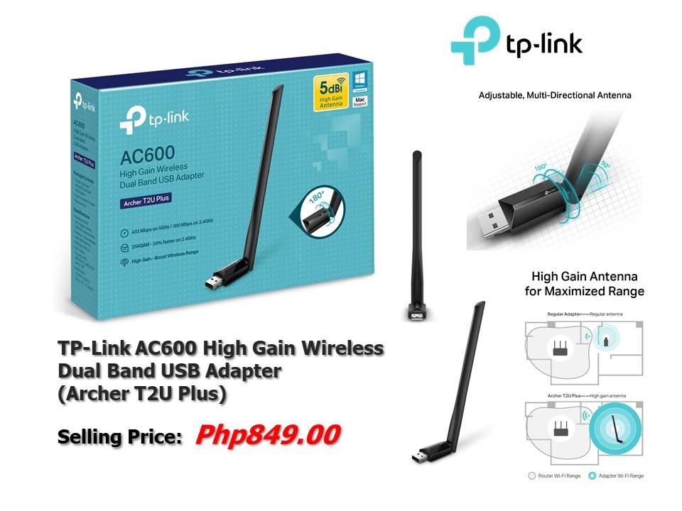 TP-Link AC600 High Gain Wireless Dual Band USB Adapter (Archer T2U Plus ...
