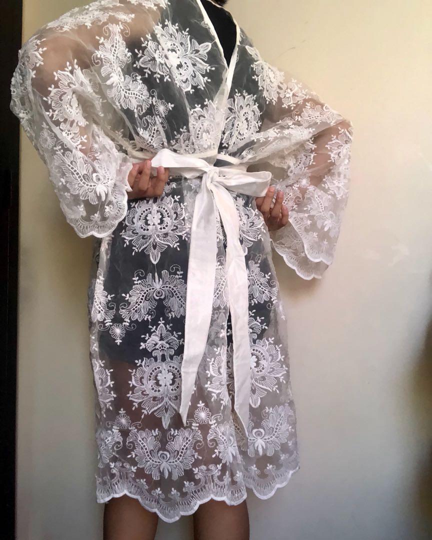 White Lace Semi Transparent Dress Layer Kimono One Piece / Pre-loved ...