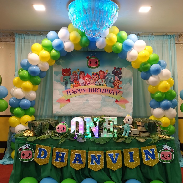 Dessert Table Decor Cocomelon Theme Setup l Curtain Backdrop l Balloon ...