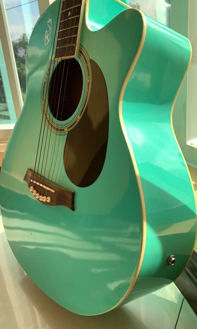 Pre-loved mint green acoustic guitar w/ tuner, extra strings and guitar ...