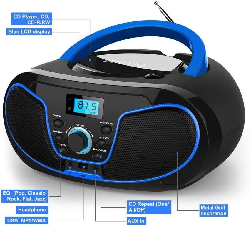 LONPOO Stereo CD Boombox Portable Bluetooth Digital Tuner FM Radio CD ...
