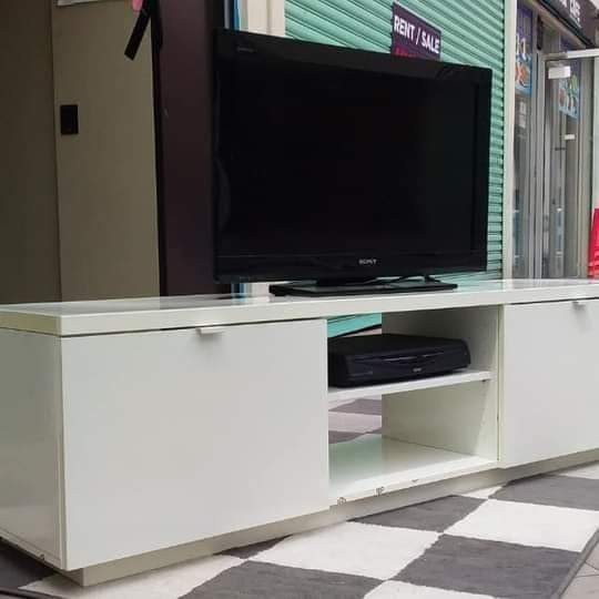 IKEA BYAS tv bench, glossy white, Furniture & Home Living, Furniture ...