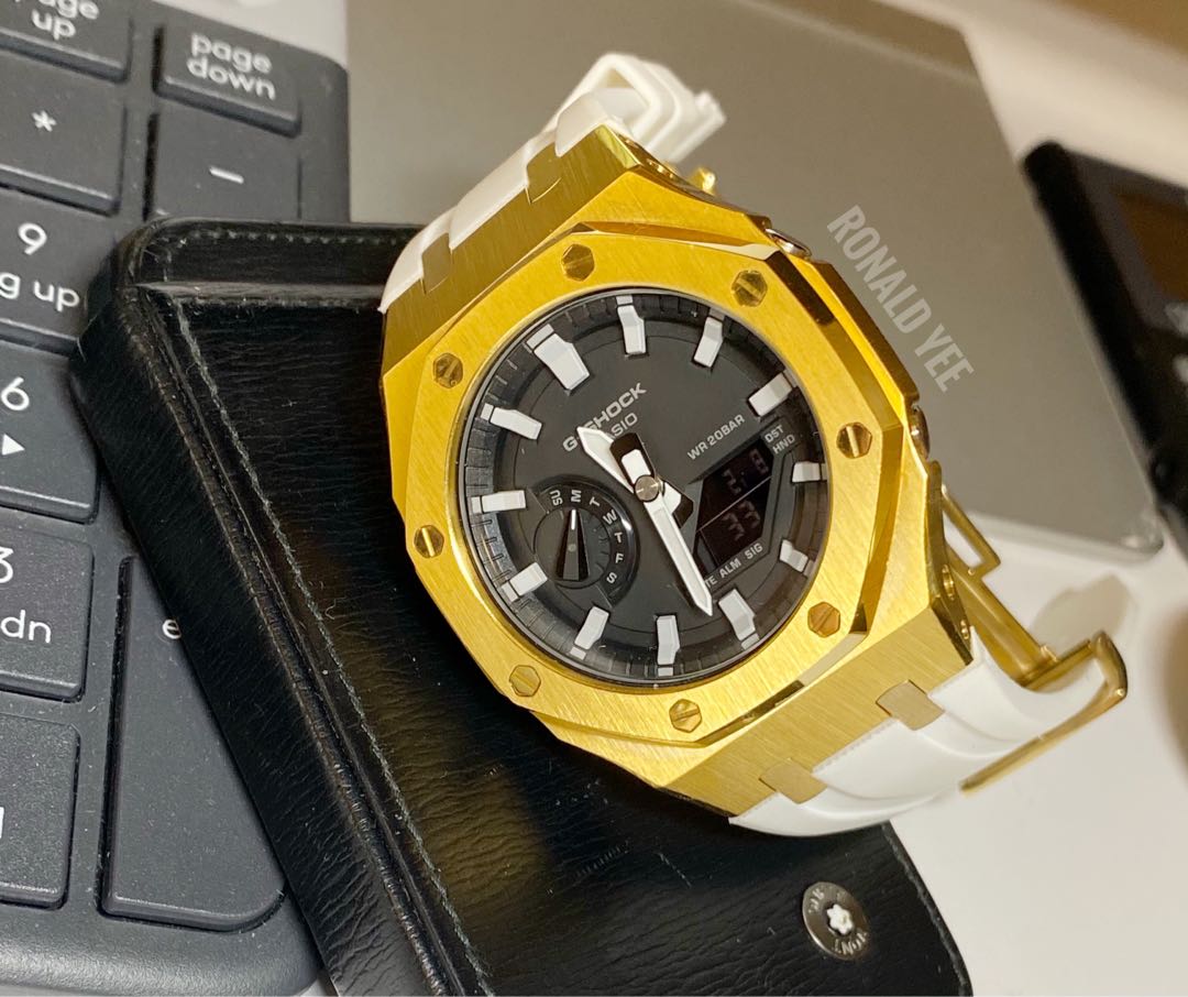 🏆🏆🏆 POPULAR WHITE ON BLACK GA-2100-1A IN GOLD BEZEL V4 PRO CASIOAK MOD ...