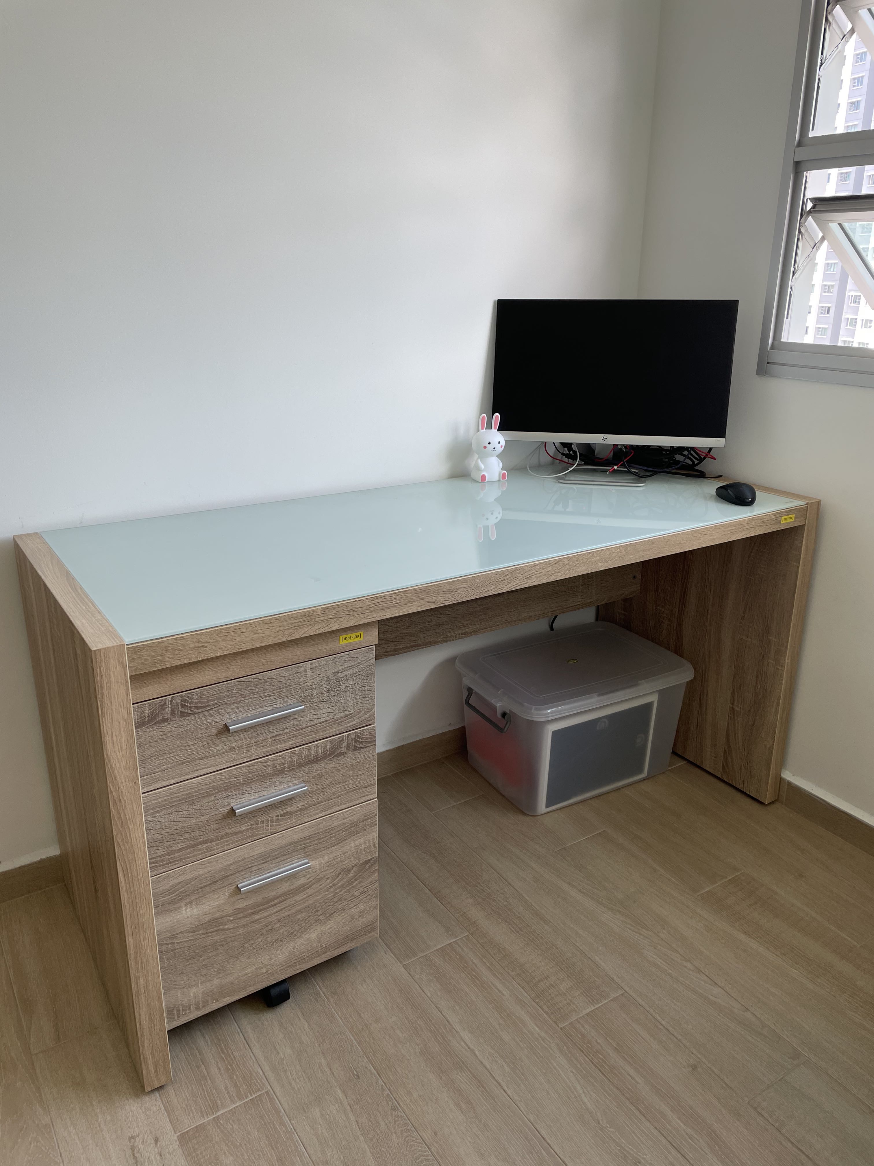 Computer oak coloured table (study desk) with tempered glass top ...