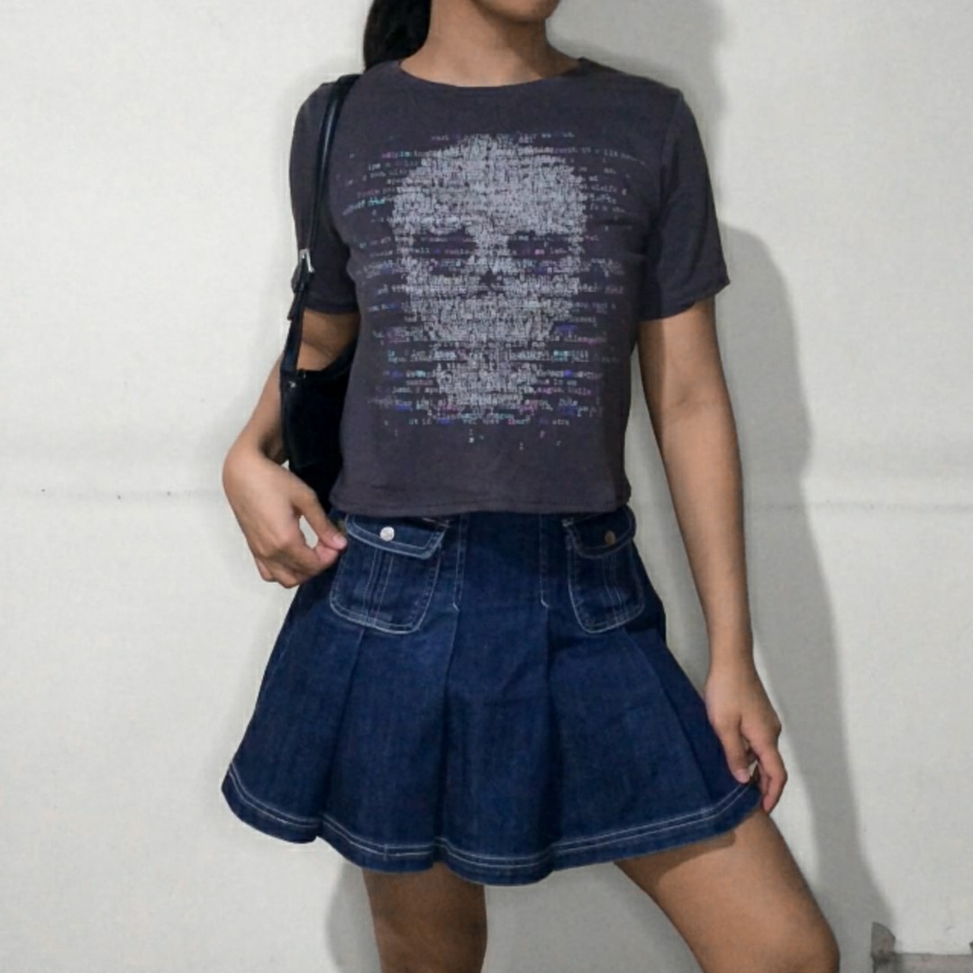 Cyber y2k mall goth punk skater fairy grunge dark gray skull baby tee ...