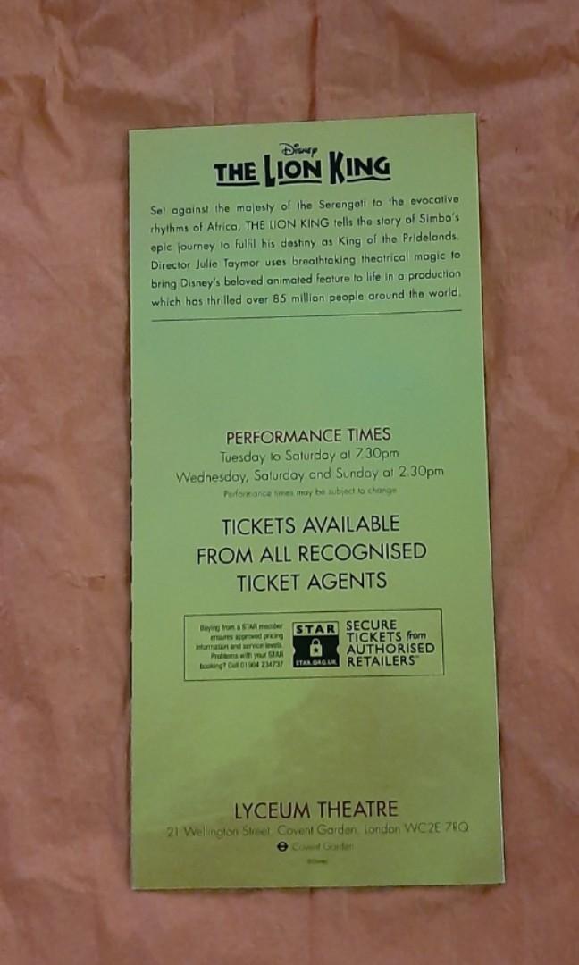 Disney's Lion King Playbill Theatre Broadway Musical Theater Program ...