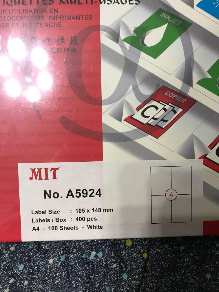 MIT A5924 多用途打印標籤貼紙 Label A4 100張, 興趣及遊戲, 手作＆自家設計, 文具 - Carousell
