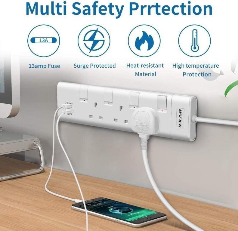 Mscien 3 Way 3M Extension Lead with 2 USB Slots Individually Switched ...