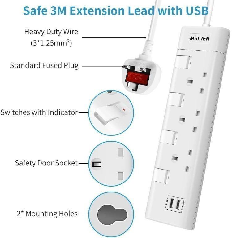 Mscien 3 Way 3M Extension Lead with 2 USB Slots Individually Switched ...