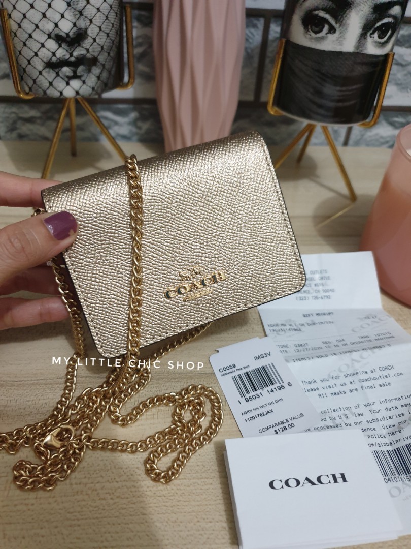 Coach mini wallet on chain pale gold, Women's Fashion, Bags & Wallets ...