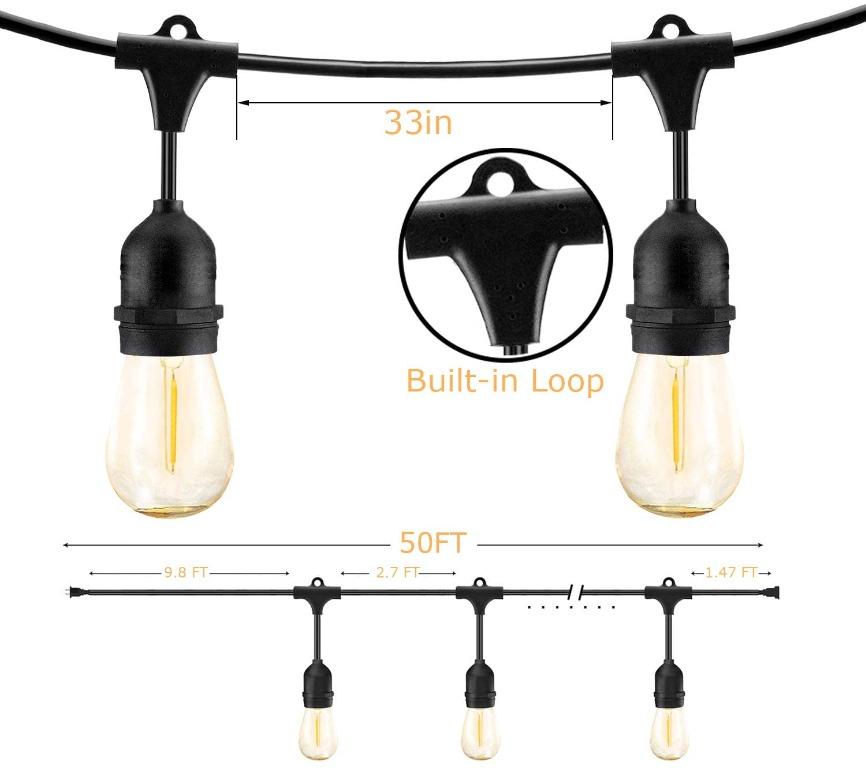 BRTLX 50Ft S14 LED Outdoor String Lights, Connectable IP65 Waterproof ...