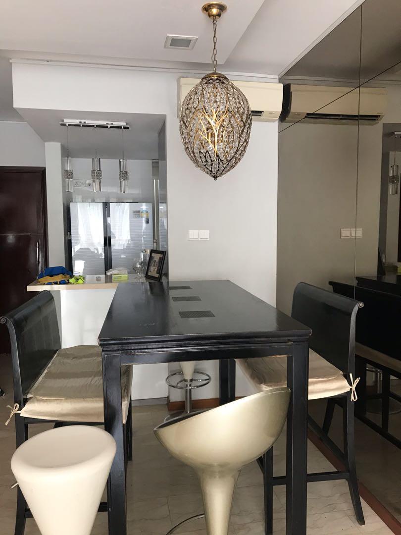 Nyatoh Solid Wood Dining table plus two 2-seater stool bar., Furniture ...