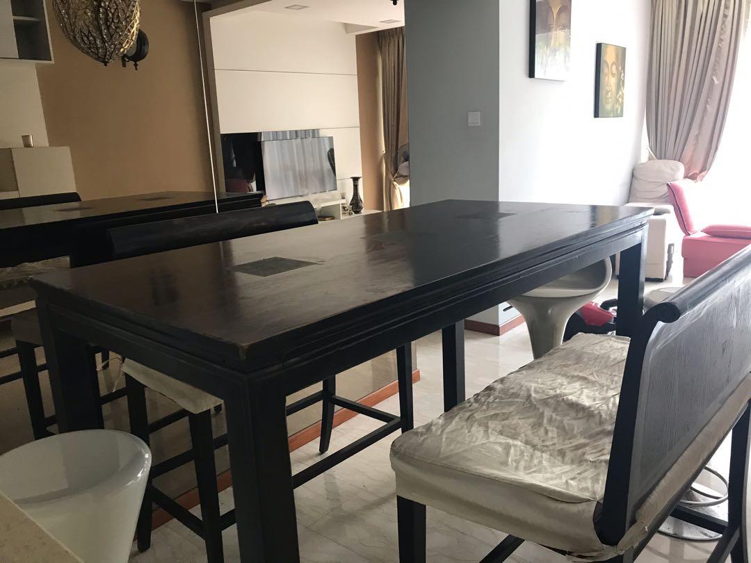Nyatoh Solid Wood Dining table plus two 2-seater stool bar., Furniture ...