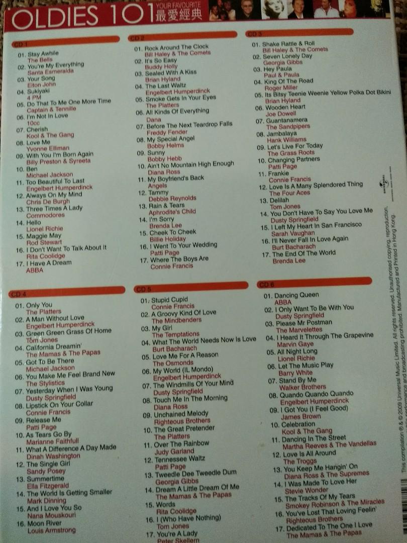 Oldies 101 your Favorite,最愛經典6CD,英文歌, 興趣及遊戲, 音樂、樂器 & 配件, 音樂與媒體 - CD 及 DVD - Carousell