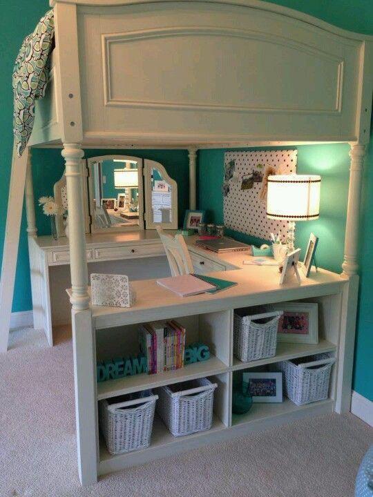 Double size Loft bed with vanity mirror,table and shelf, Furniture ...