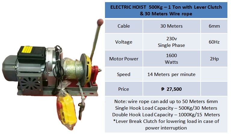 ELECTRIC HOIST 500Kg – 1 Ton with Lever Clutch & 30 Meters Wire rope ...