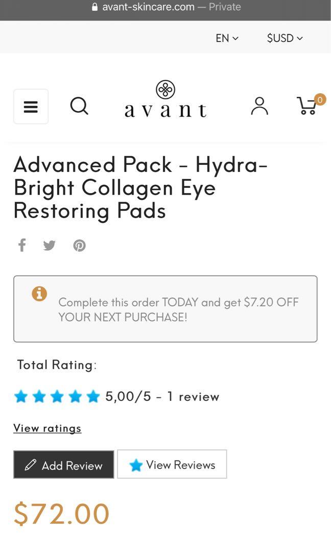 Avant Advanced Pack - Hydra-Bright Collagen Eye Restoring Pads 眼膜5對, 美容 ...