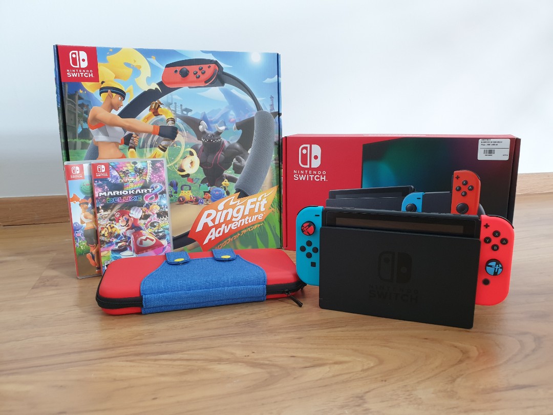 Nintendo Switch V2 + Ring Fit + Mario Kart, Video Gaming, Video Game ...