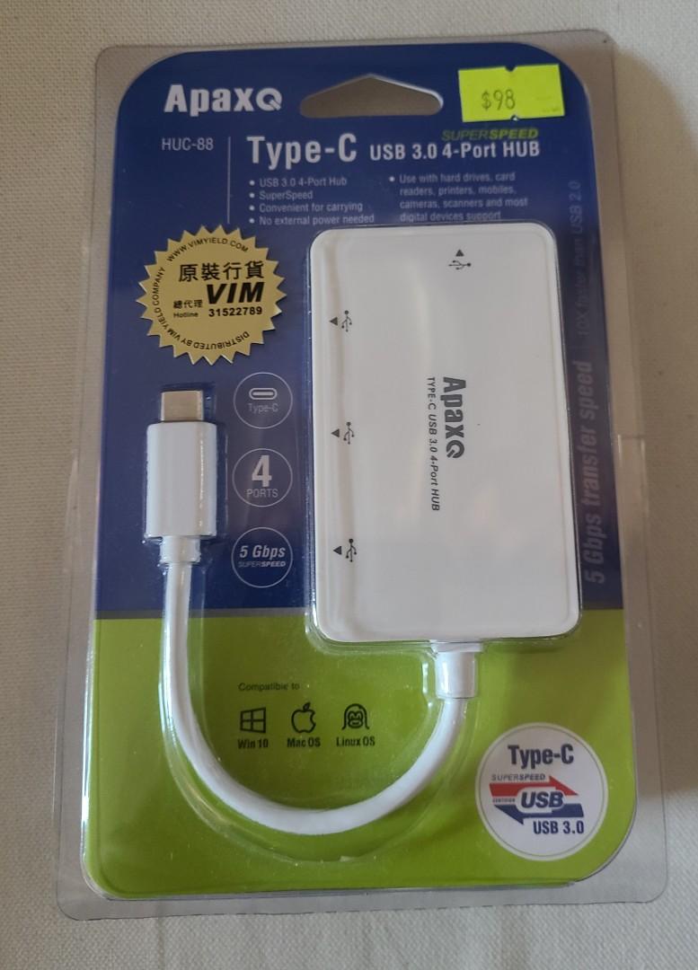 Apaxq Type-C USB 3.0 4-Port Hub, 電腦＆科技, 電腦周邊及配件, 電腦線、轉接線及轉換器 - Carousell
