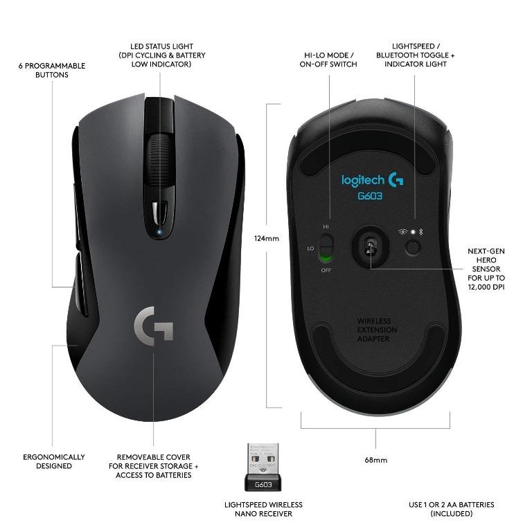 Logitech G603 LIGHTSPEED Wireless Gaming Mouse Hero Optical Sensor ...