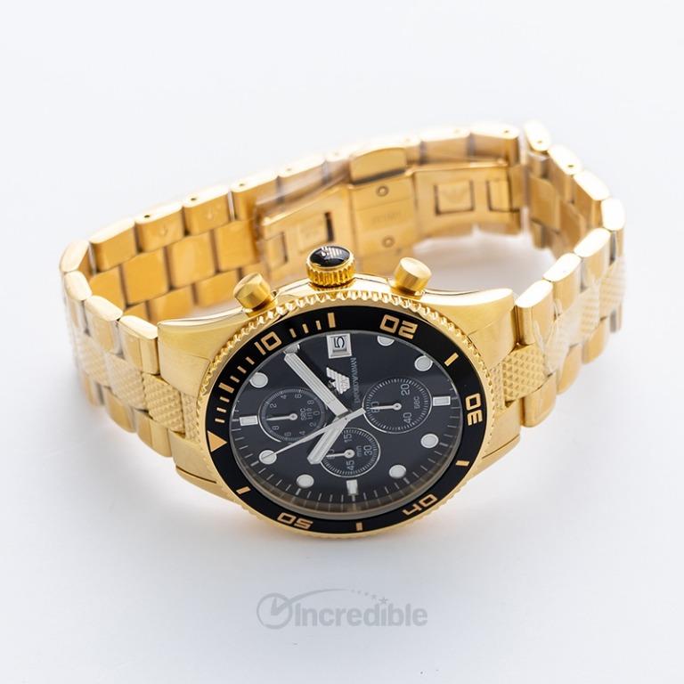 Emporio Armani Black Dial Gold Steel Strap Watch For Men, 48% OFF