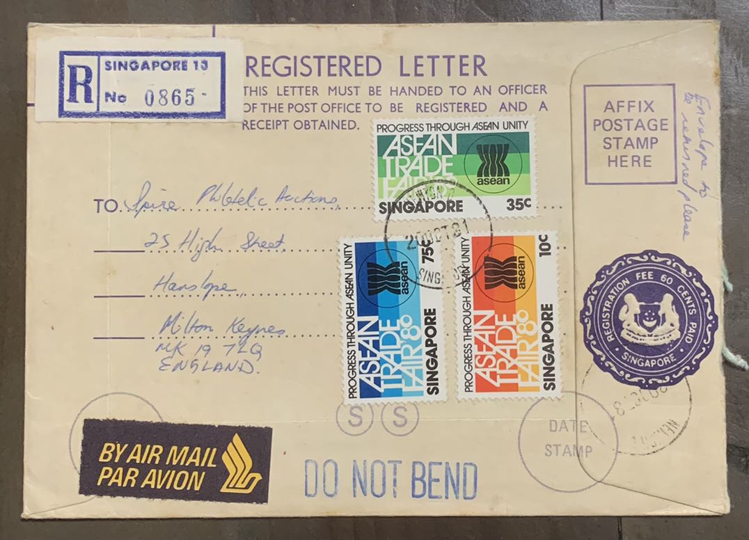 Singapore official Reg envelope cover full set ASEAN TARDE FAIR stamps ...