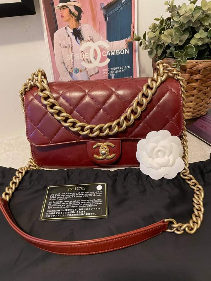 Chanel 2 way Flap in Distressed Calf Leather Maroon Brushed Gold ...