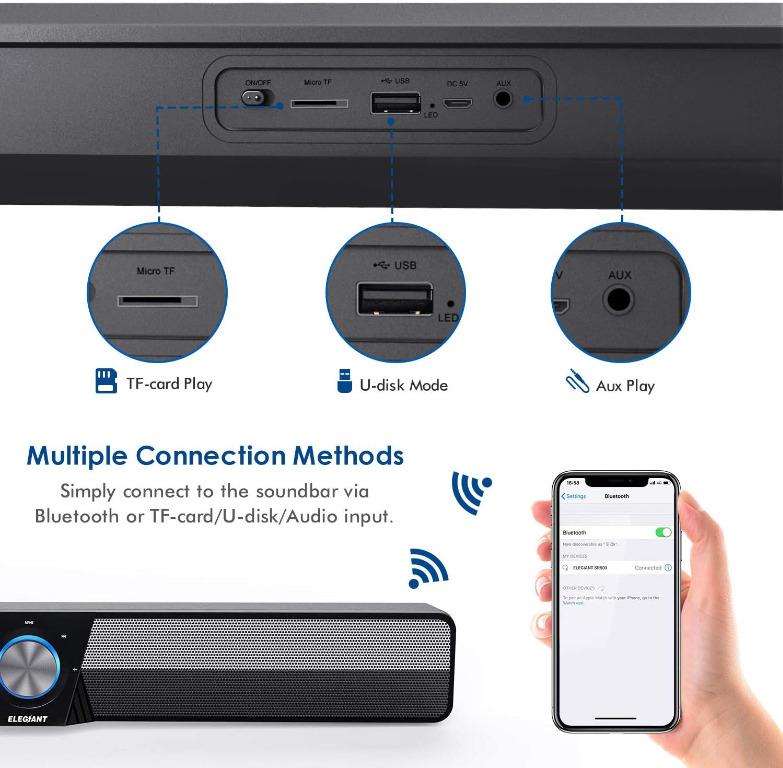 ELEGIANT Sound Bar, 20W Computer Soundbar Bluetooth 5.0 Soundbar Home ...