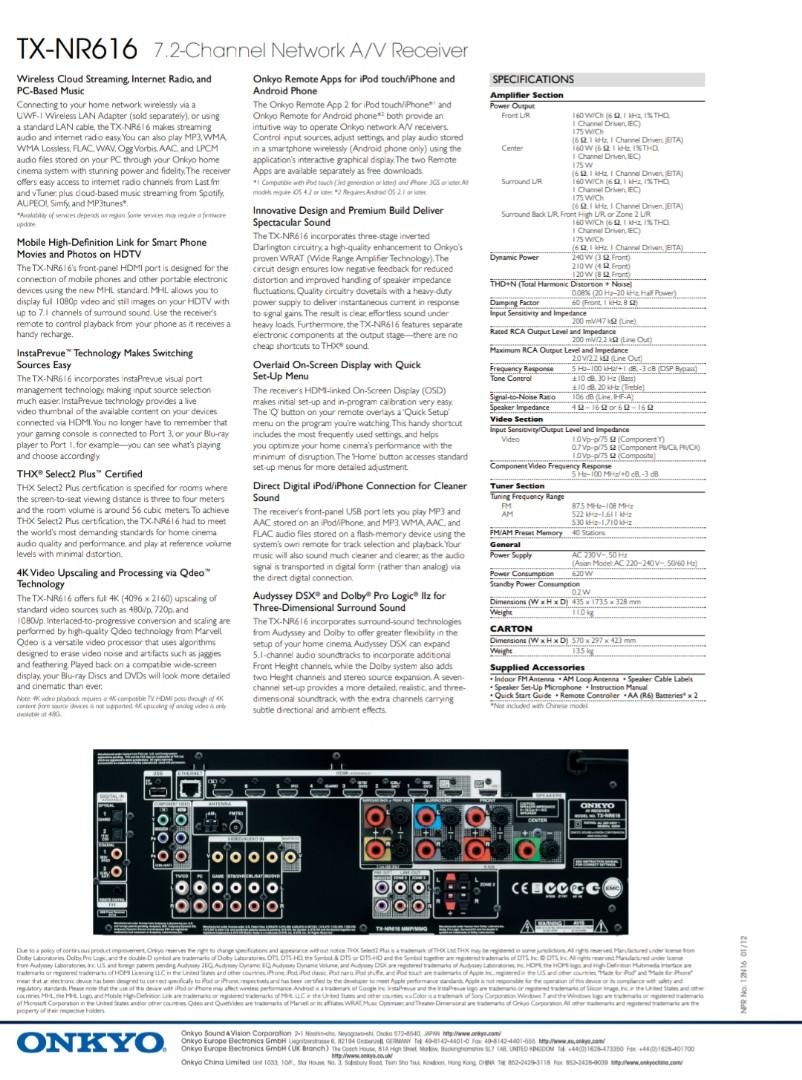 Onkyo TX-NR616 (7.2 Channel Network AV Receiver), Audio, Soundbars ...