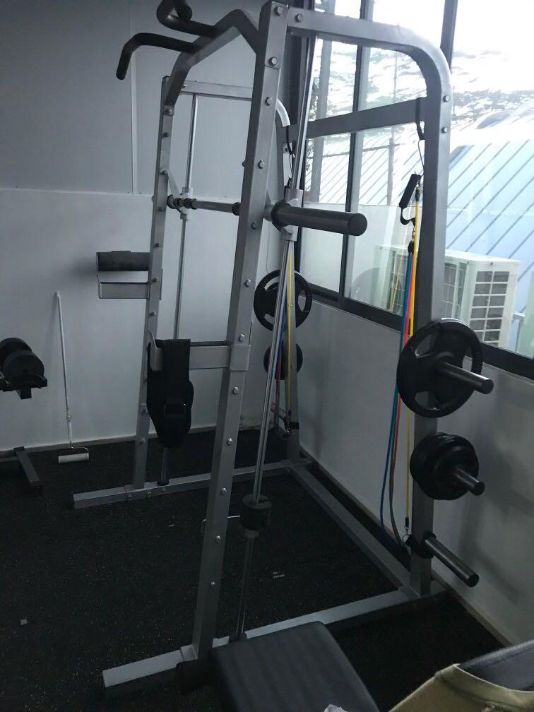 Smith Machine w pull-up bar, weights, bench, Sports Equipment, Exercise ...