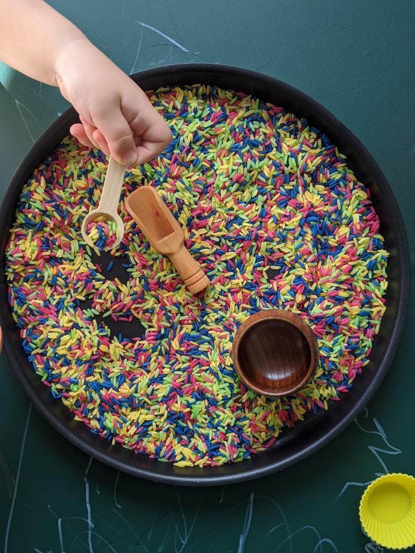 Dyed Rainbow Rice sensory play set with Montessori toy scoops, Hobbies ...