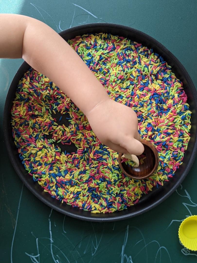Dyed Rainbow Rice sensory play set with Montessori toy scoops, Hobbies ...