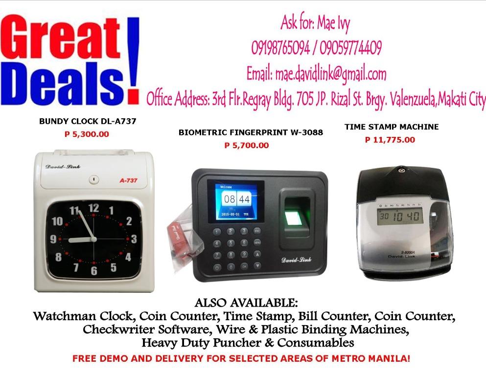 Bundy clock Biometrics/Doorlock shredders Laminator Binding machine Time/Date stamp machine ...