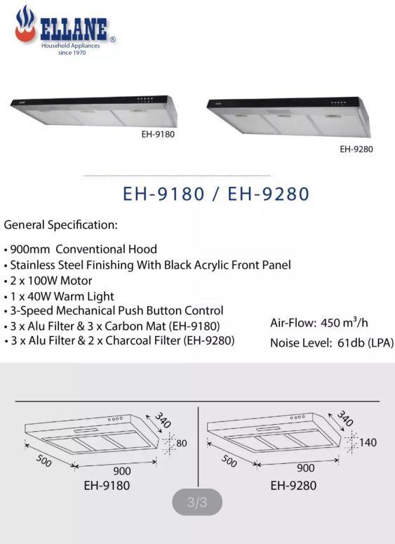 Ellane Cooker Hood (EH-9280) Slimline with Black Panel, TV & Home ...