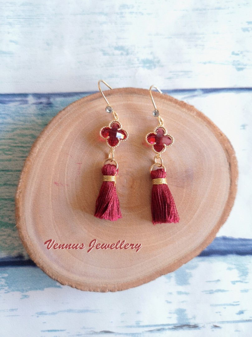 14K Gold Maroon Glaze Four-Leaf Clover Glaze with Zircon Earring, Women ...