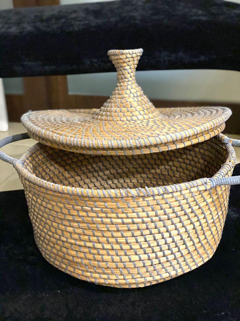 Bali Rattan Basket with lid boho wicker basket, Furniture & Home Living ...