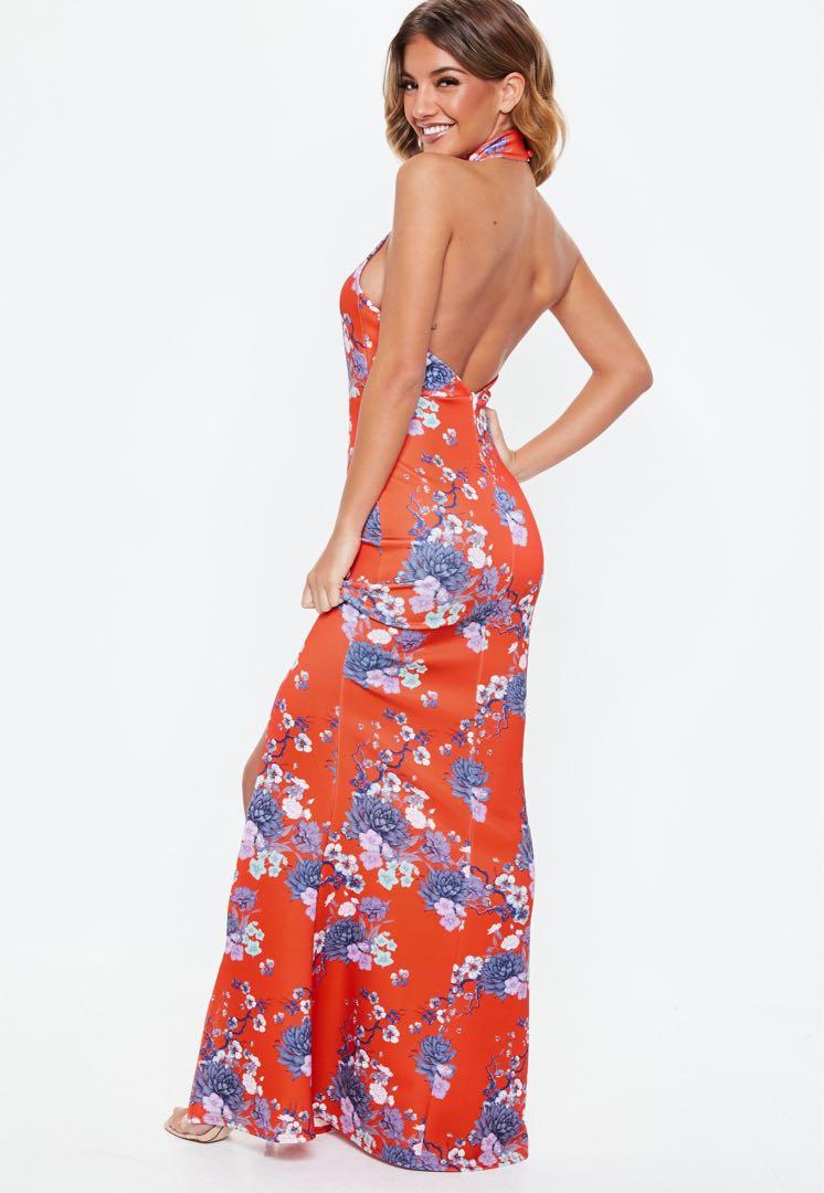 Missguided Floral Choker Maxi Dress Red Floral Backless, Women's ...