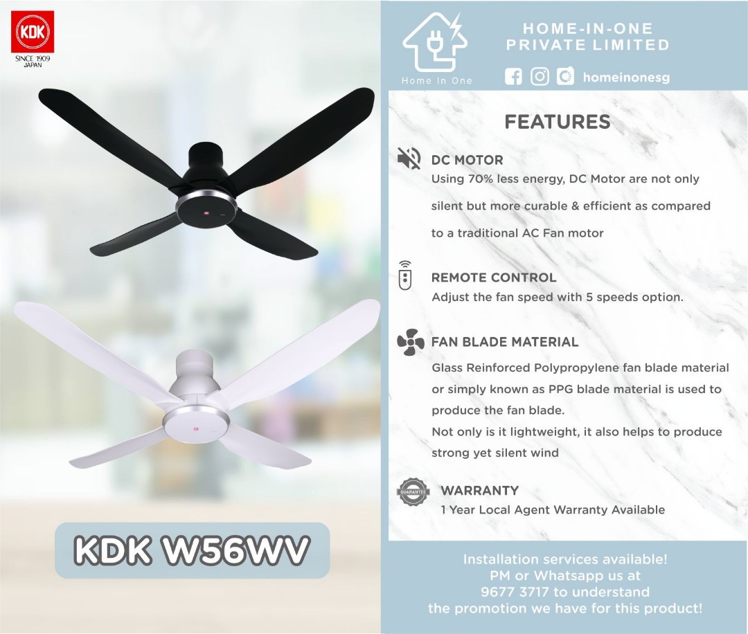*FREE BASIC INSTALLATION* KDK CEILING FAN W56WV *DC MOTOR + REMOTE ...