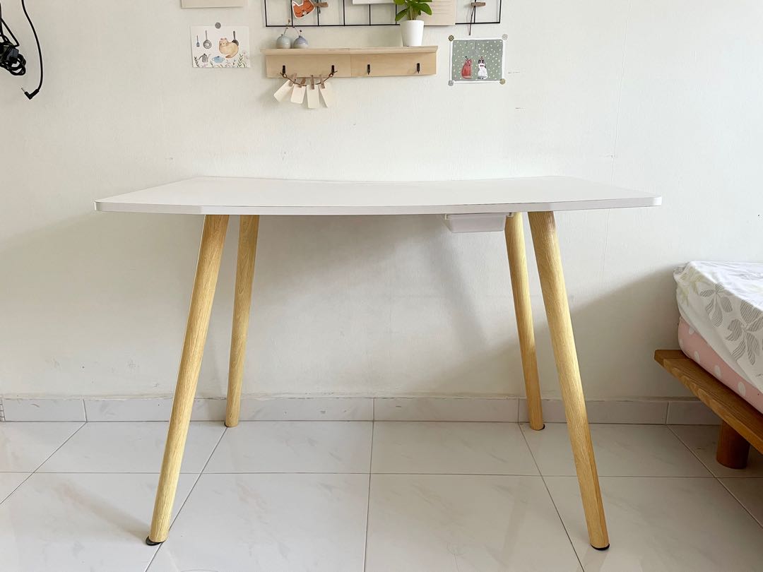 Simple white desk with wooden legs (detachable), Furniture & Home ...