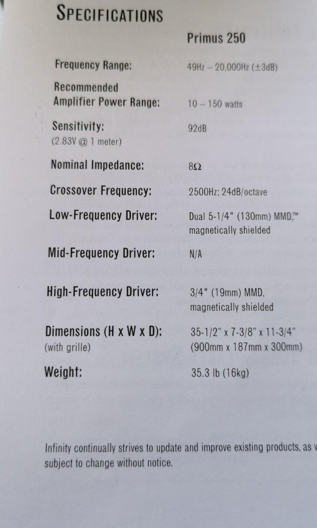 Infinity primus 250 floor standing speakers, Audio, Soundbars, Speakers ...