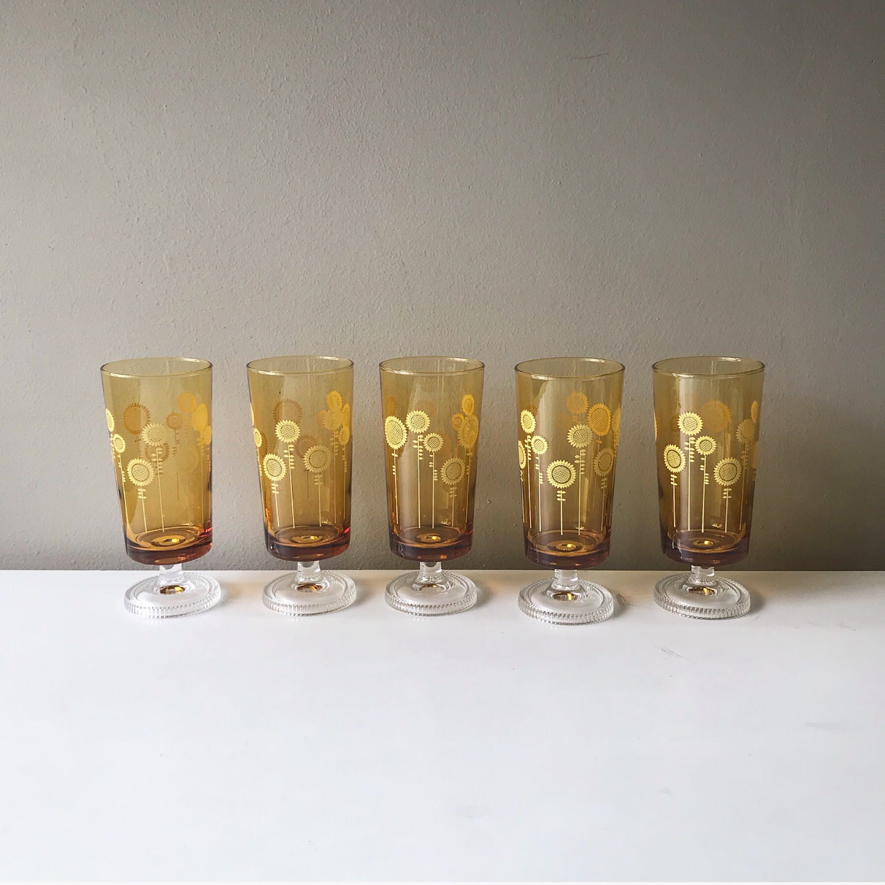 Vintage Aderia Japan Tall Footed Sunflower on Amber Glasses, Furniture & Home Living ...