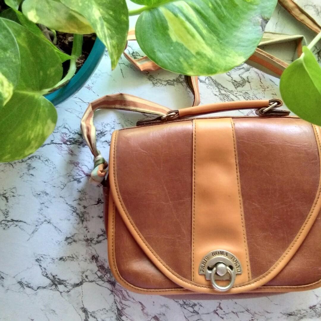 Vintage Paris Roma Tokyo Brown Leather Sling Bag, Women's Fashion, Bags ...