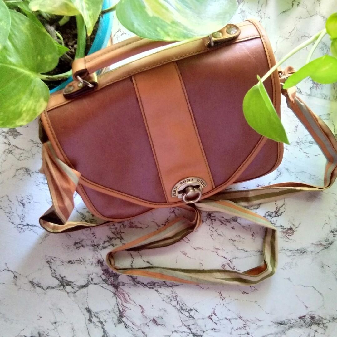 Vintage Paris Roma Tokyo Brown Leather Sling Bag, Women's Fashion, Bags ...