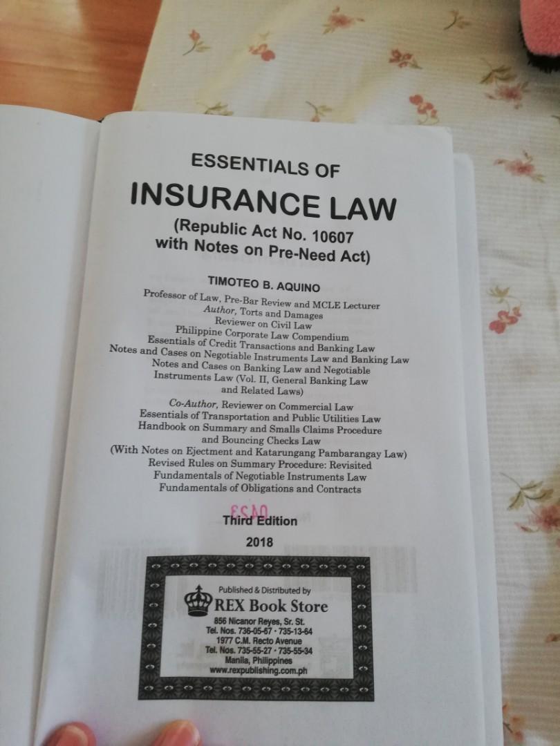 Law book: Essentials of Insurance Law 2018 by Timoteo B. Aquino ...