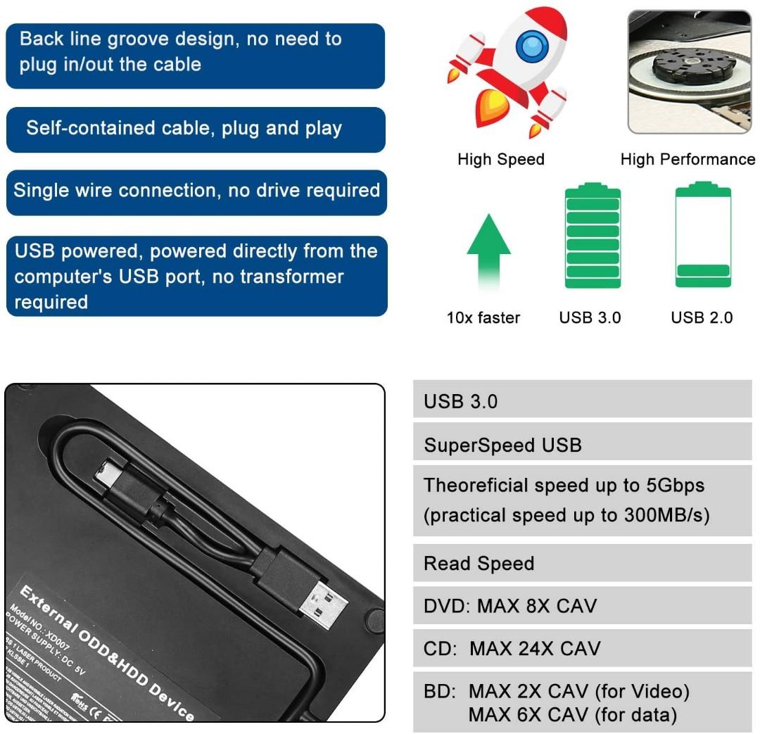 External 4K Blu ray 3D DVD Player, Slim Bluray USB 3.0 & Type-C CD DVD ...