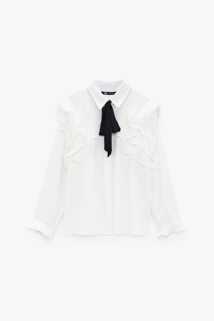 Zara white ruffles blouse with bow, Women's Fashion, Tops, Blouses on ...