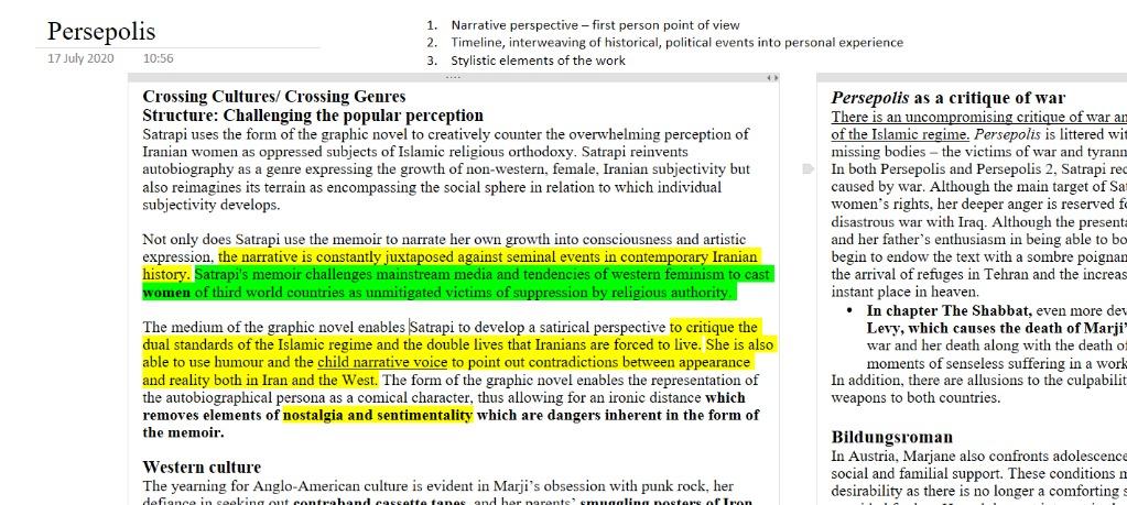 IB HL ENG LANGLIT NOTES - Paper 1/Paper 2 - Persepolis/WPZ/Purple ...